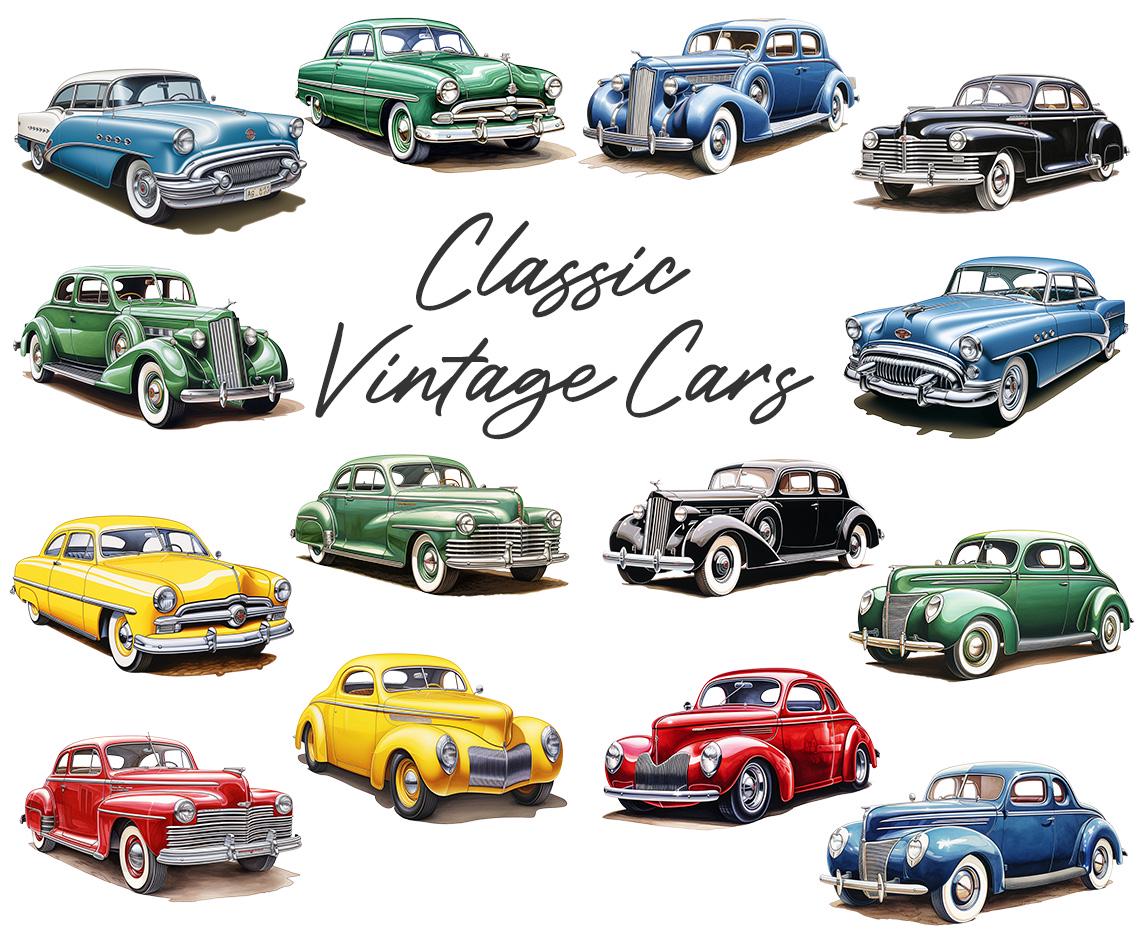 Watercolor Vintage Cars 70 PNG, Classic Vehicles Clipart Bundle, Retro ...