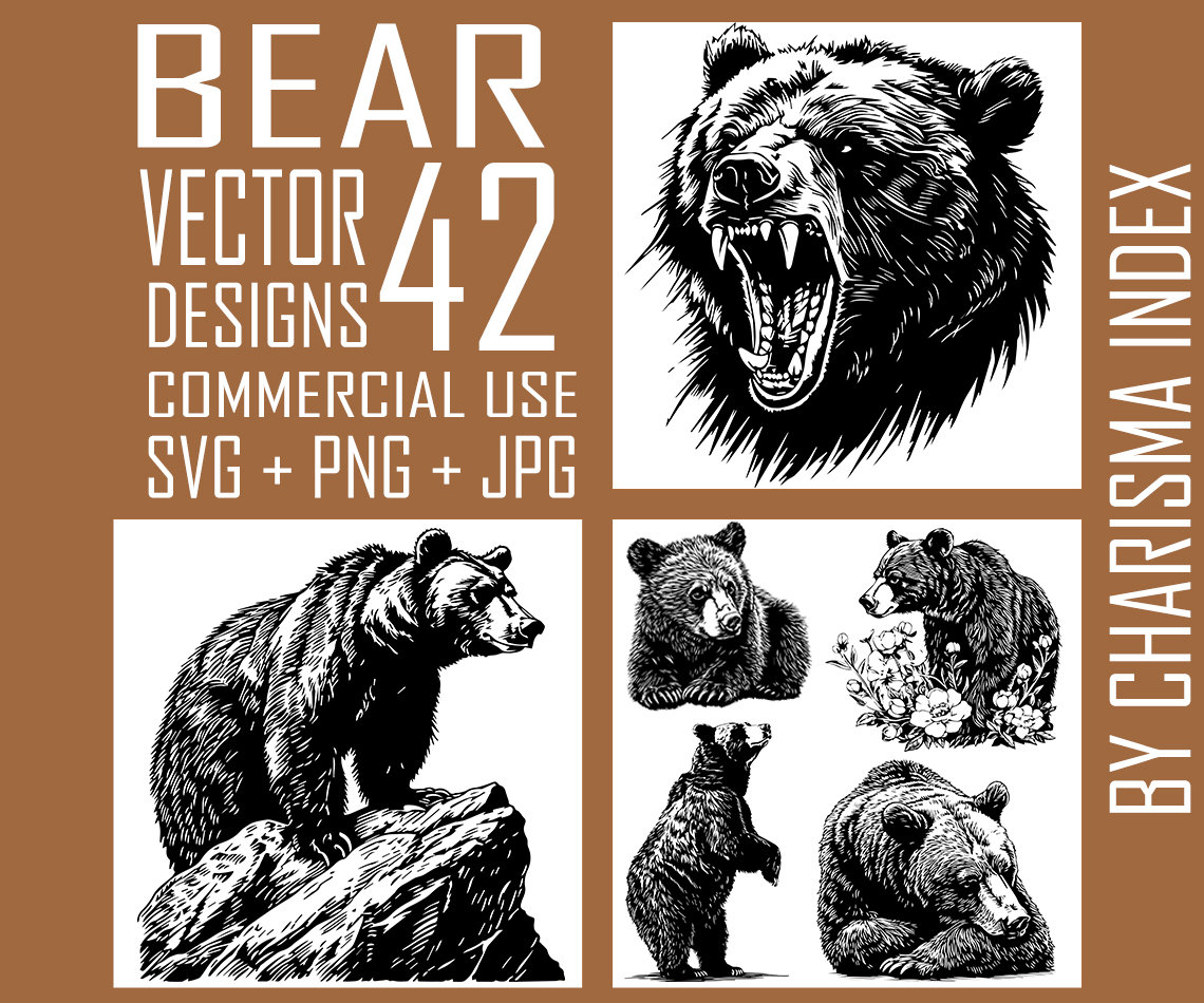 Bear Pack SVG Clipart Bundle, 42 Bear Set Vector Clip Art, Vintage Bear ...