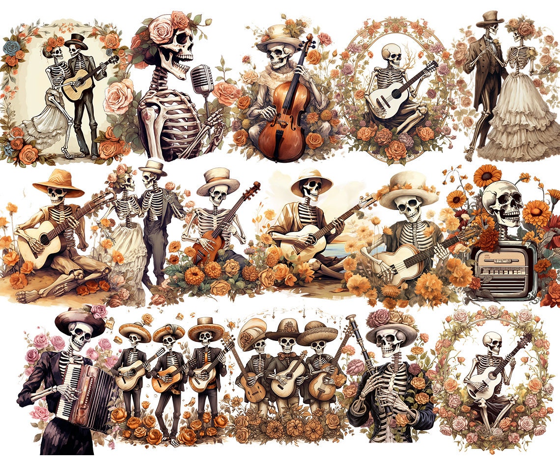 Halloween Skeleton Watercolor Retro Clipart Bundle, Halloween Party ...