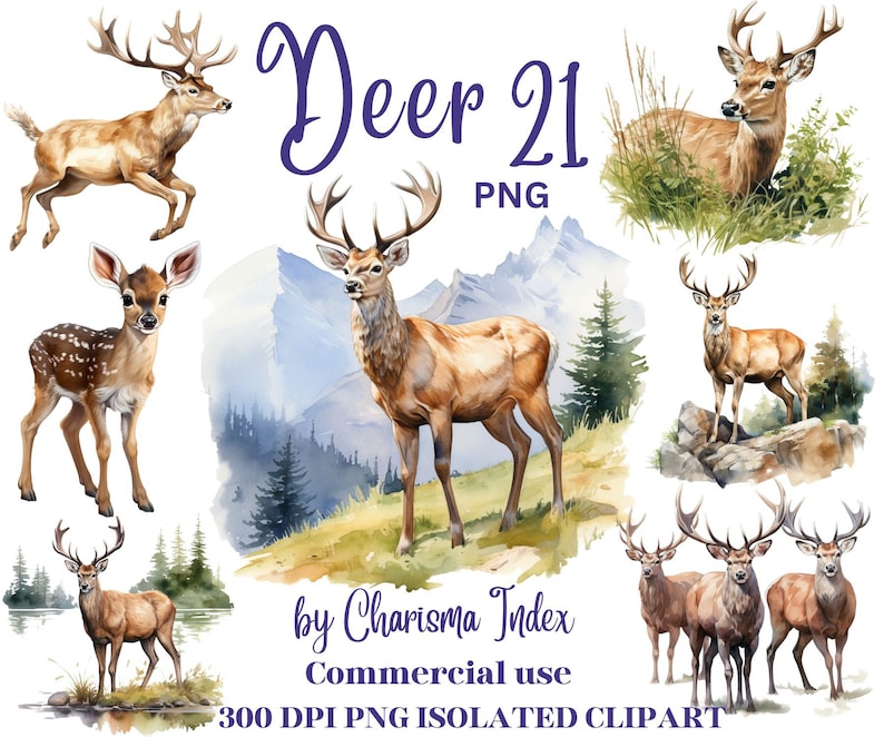 Watercolor Deer PNG Bundle, Deer Clipart Bundle, Deer Sublimation ...