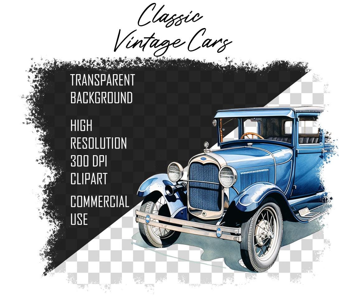 Watercolor Vintage Cars 70 PNG, Classic Vehicles Clipart Bundle, Retro ...