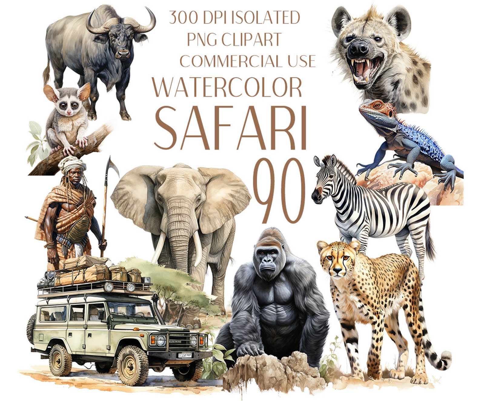 Safari Animal Clip Art Bundle 90 African Wildlife Watercolor Pngs ...