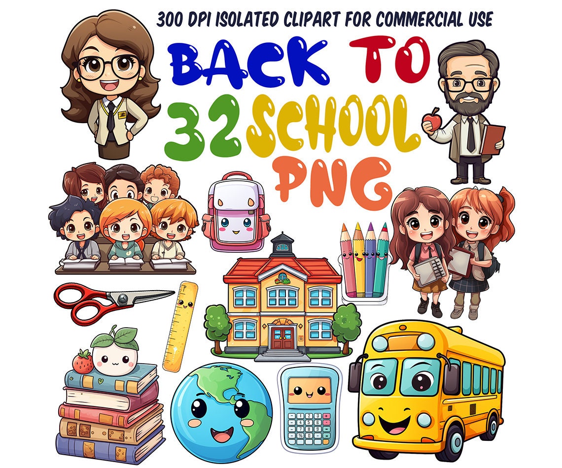 School Clipart PNG Bundle, Cute School Supplies Clipart Set, School ...