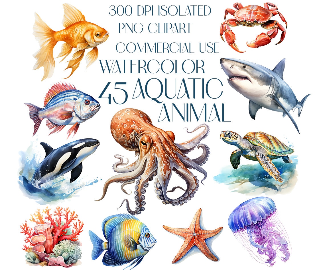 Under Sea Creatures Bundle, Watercolor Ocean Life Clipart Set of Fish ...