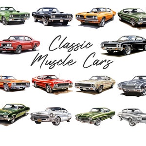 Watercolor Muscle Cars 70 PNG, Classic Vehicles Clipart Bundle, Retro ...