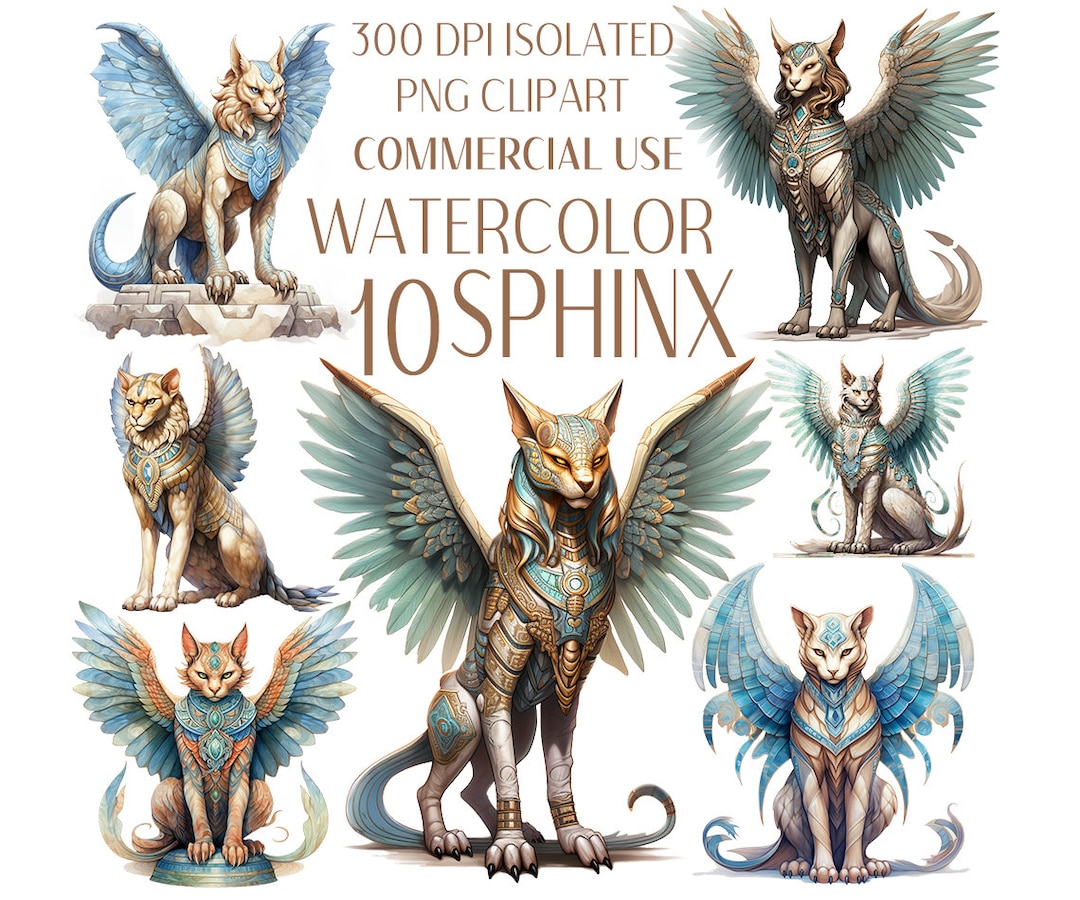 Sphinx Watercolor PNG Set, Mythical Sphinx of 10 Clipart Bundle, Sphinx ...