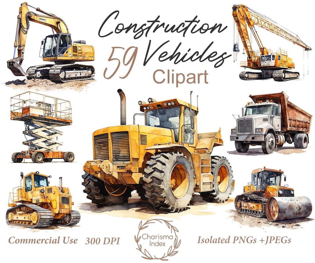 Watercolor Construction Vehicles Clipart - 59 PNG Truck Bundle ...