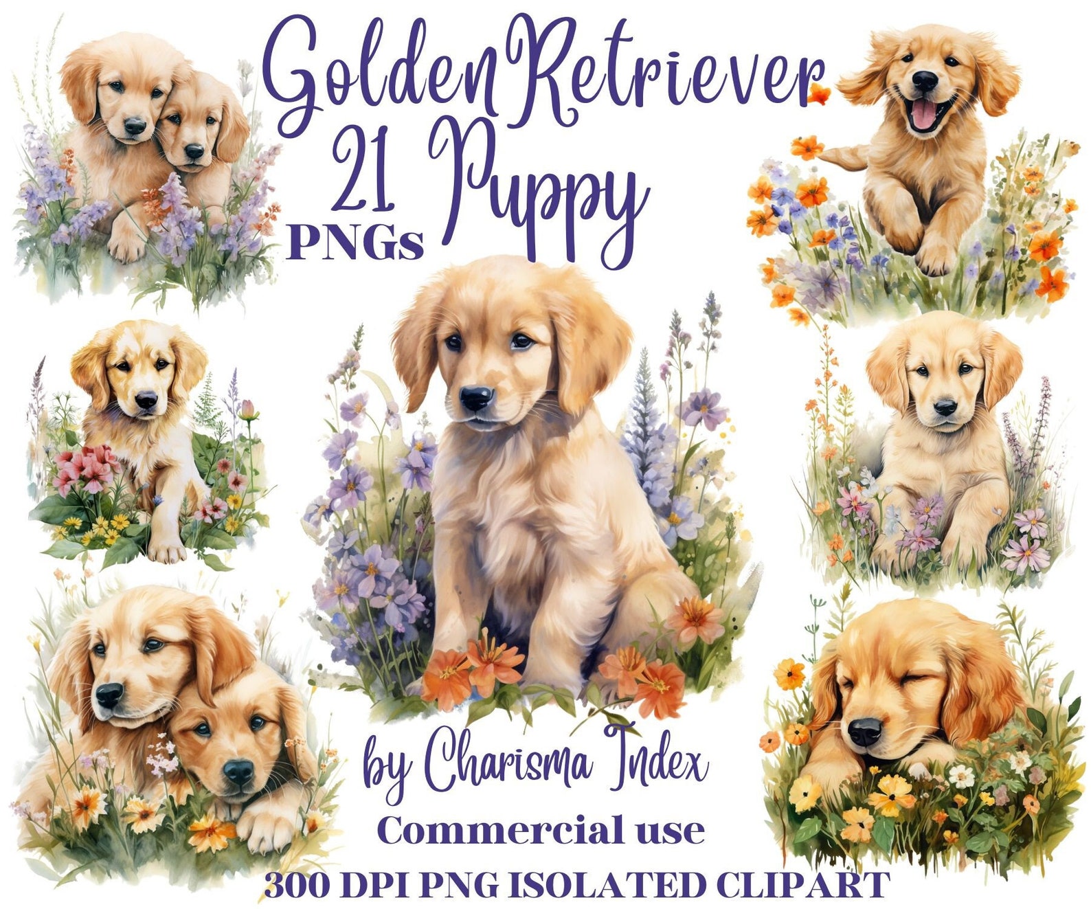 Watercolor Puppy PNG Golden Retriever, Puppy Clipart Bundle ...