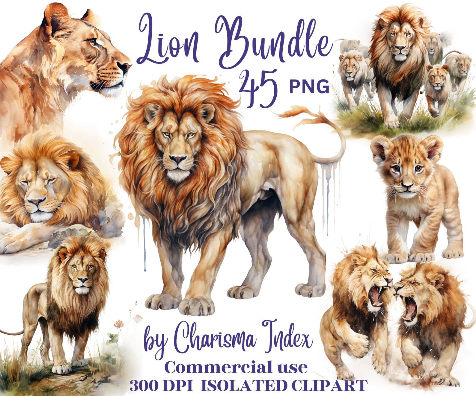 Watercolor Lion Pack PNG, Lion Clipart Bundle, Lion Sublimation Designs ...