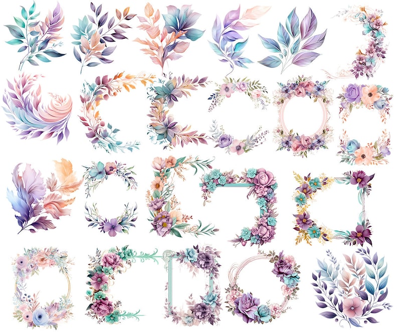 Pastel Flower PNG Frames & Corner Clipart 67 Watercolor Floral Clip Art ...