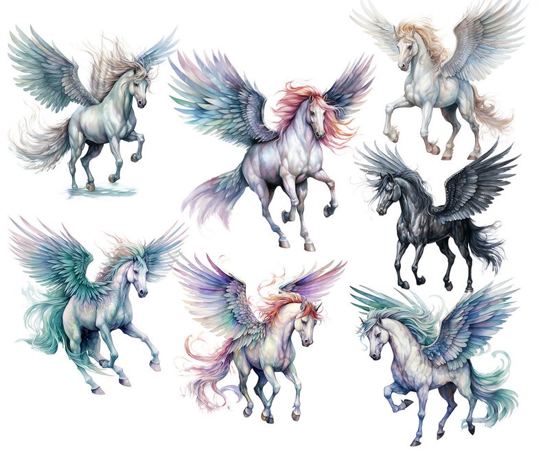 Pegasus Watercolor PNG Set, Majestic Pegasus of 14 Clipart Bundle ...