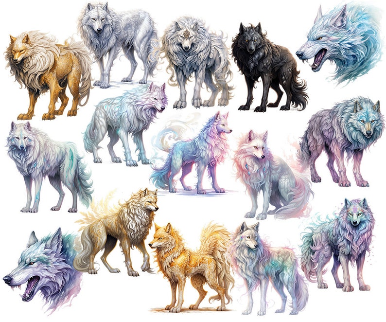 Mythical Wolf Watercolor PNG Set, Majestic Wolf Clipart Bundle, Howling ...