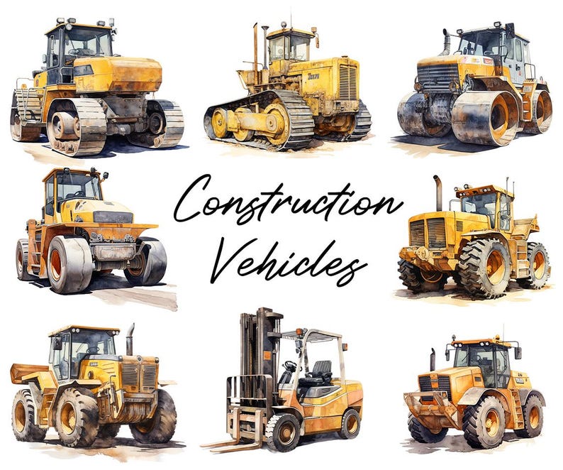 Watercolor Construction Vehicles Clipart - 59 PNG Truck Bundle ...
