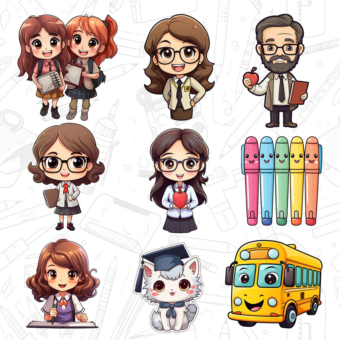 School Clipart PNG Bundle, Cute School Supplies Clipart Set, School ...