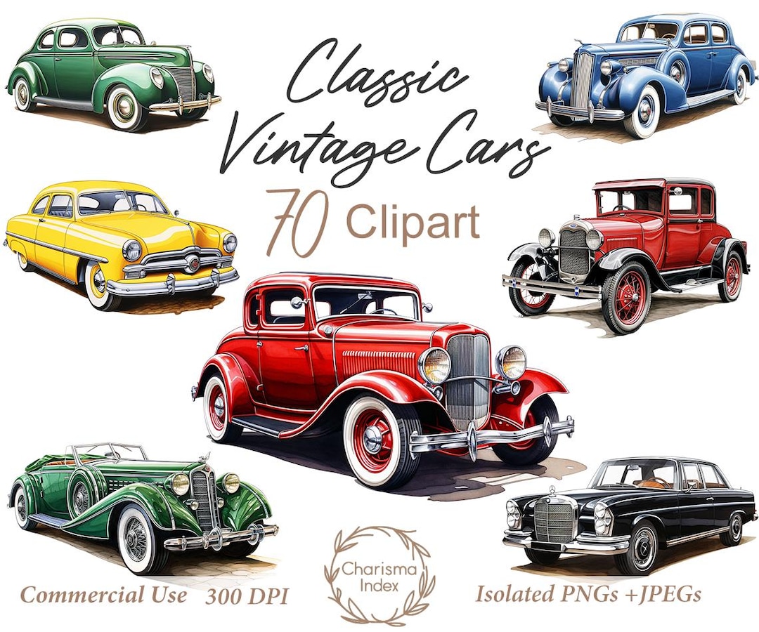 Watercolor Vintage Cars 70 PNG, Classic Vehicles Clipart Bundle, Retro ...