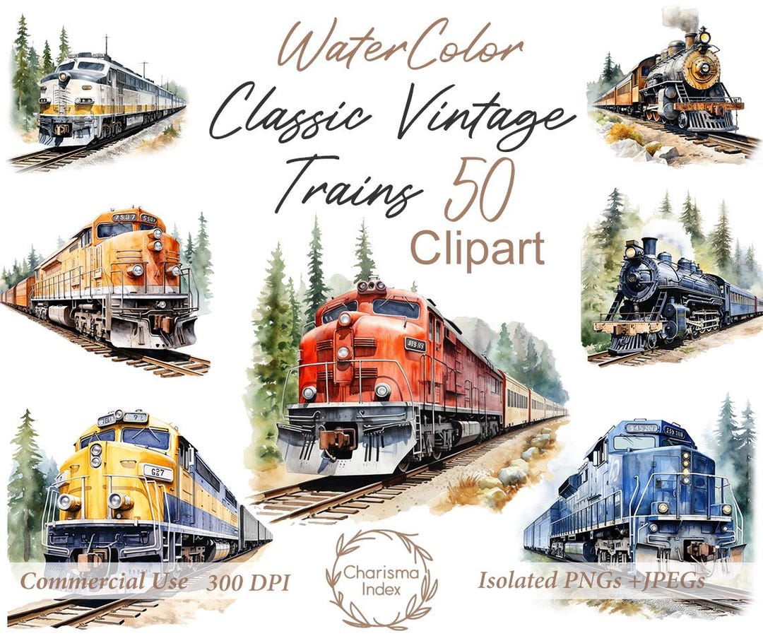 Watercolor Classic Trains 50 PNG, Vintage Train Clipart Bundle, Steam ...