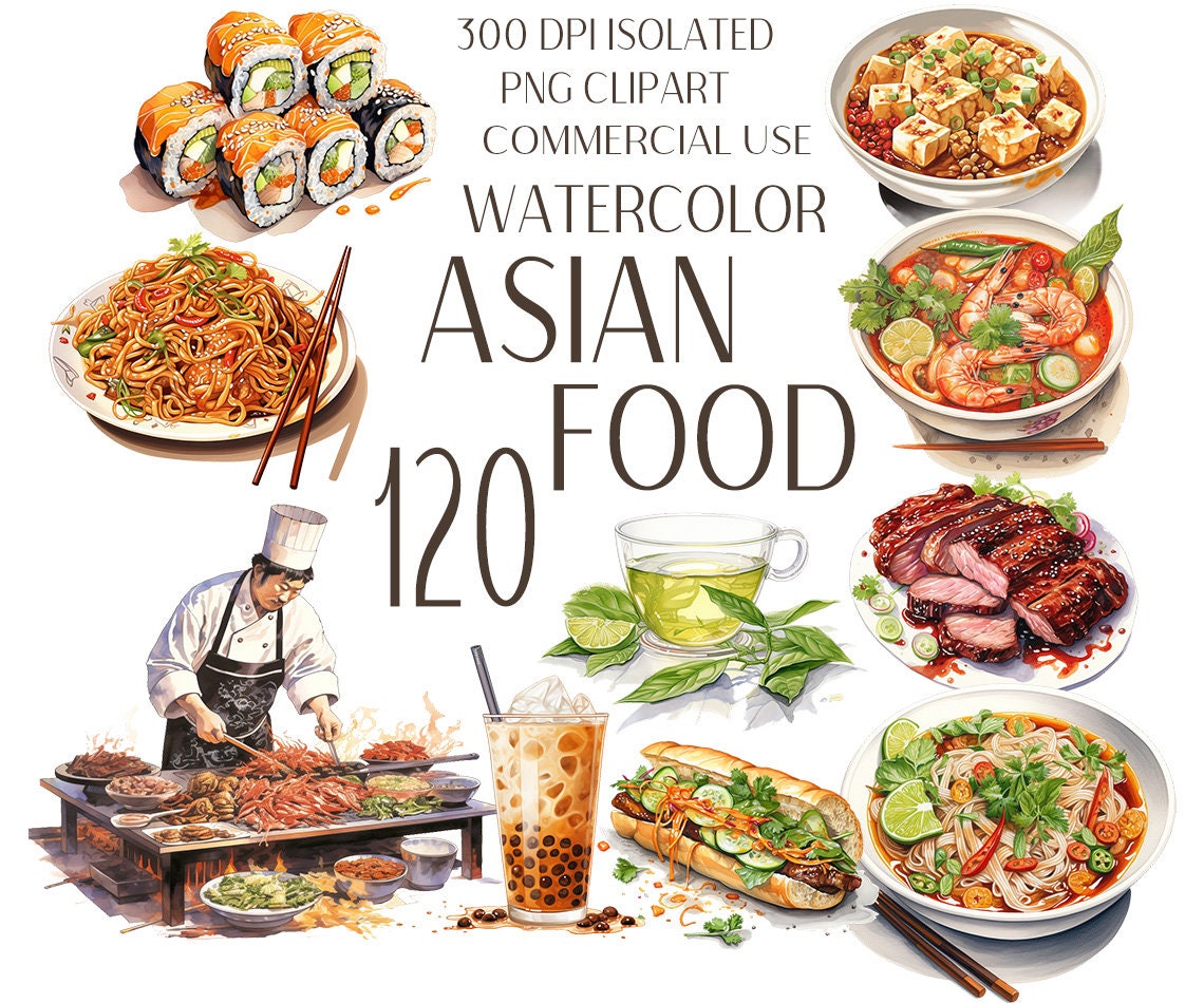 Asian Food Clip Art PNG Bundle - 120 Asian Dishes Watercolor Pngs ...