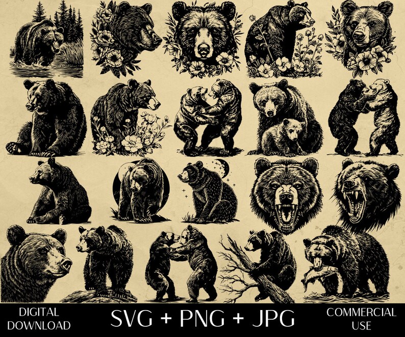 Bear Pack SVG Clipart Bundle, 42 Bear Set Vector Clip Art, Vintage Bear ...