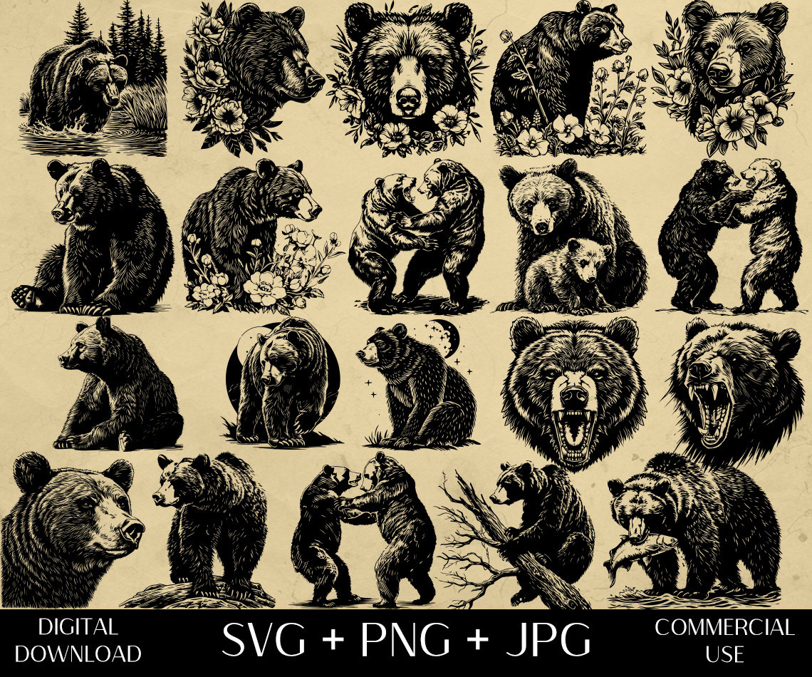 Bear Pack SVG Clipart Bundle, 42 Bear Set Vector Clip Art, Vintage Bear ...