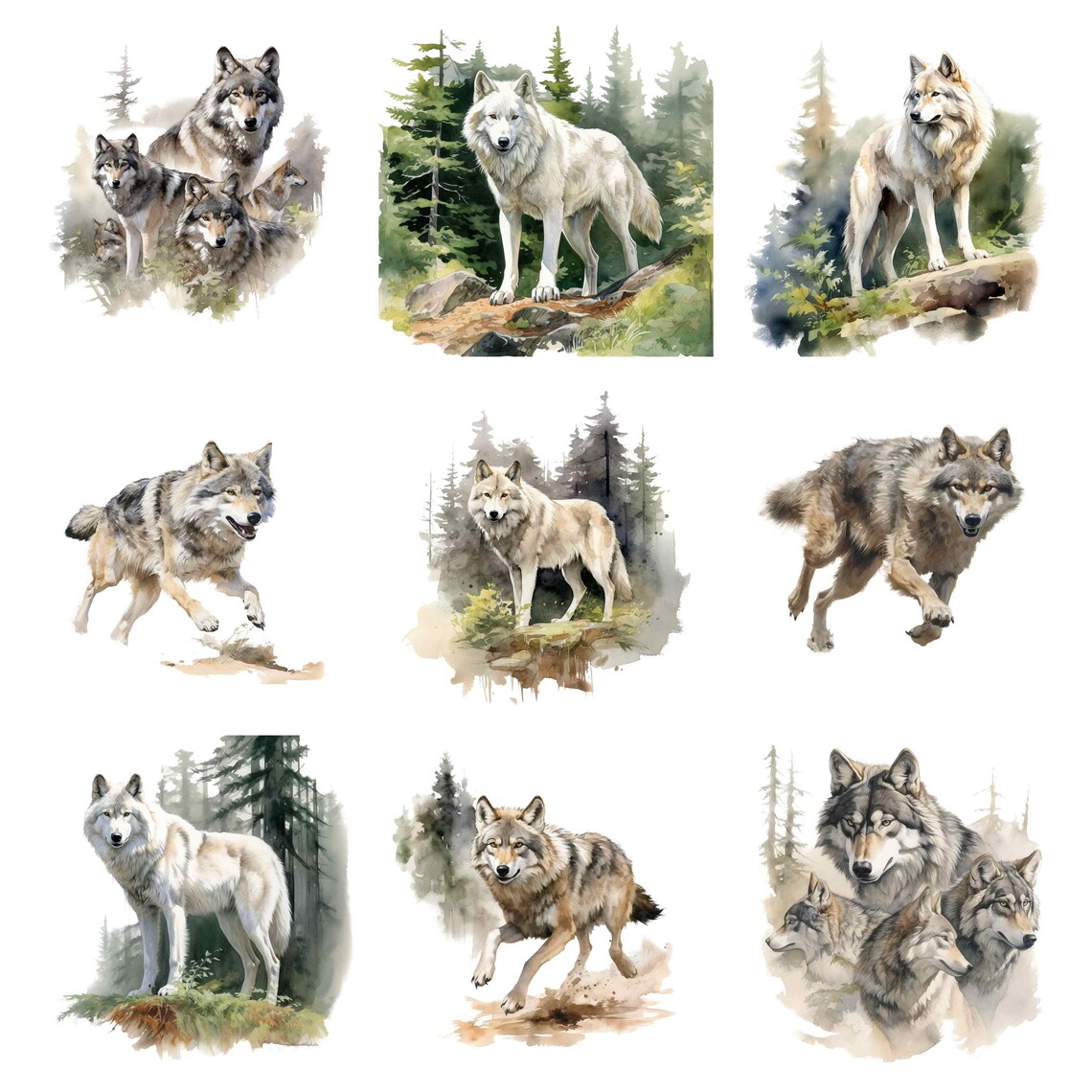 Watercolor Wolf Pack PNG, Wolf Clipart Bundle, Wolf Sublimation Designs ...