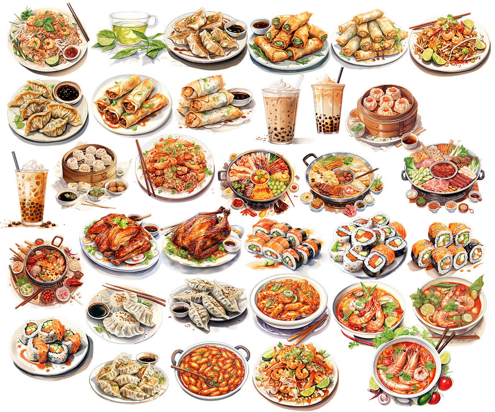 Asian Food Clip Art PNG Bundle - 120 Asian Dishes Watercolor Pngs ...