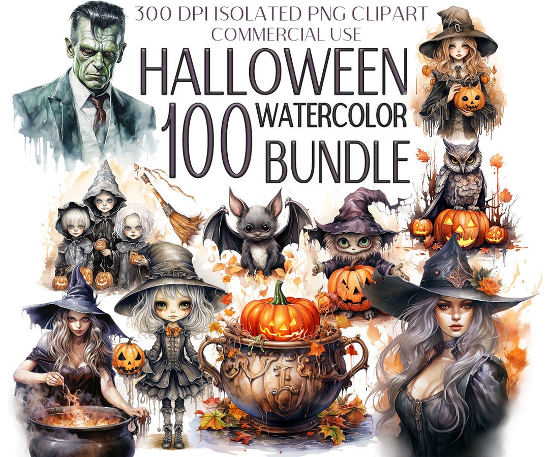 Spooky Halloween PNG Clipart Bundle - 100 Watercolor Halloween Designs ...