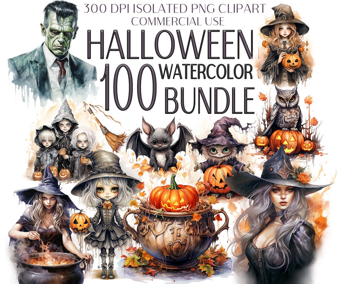 Spooky Halloween PNG Clipart Bundle 100 Watercolor Halloween Designs ...
