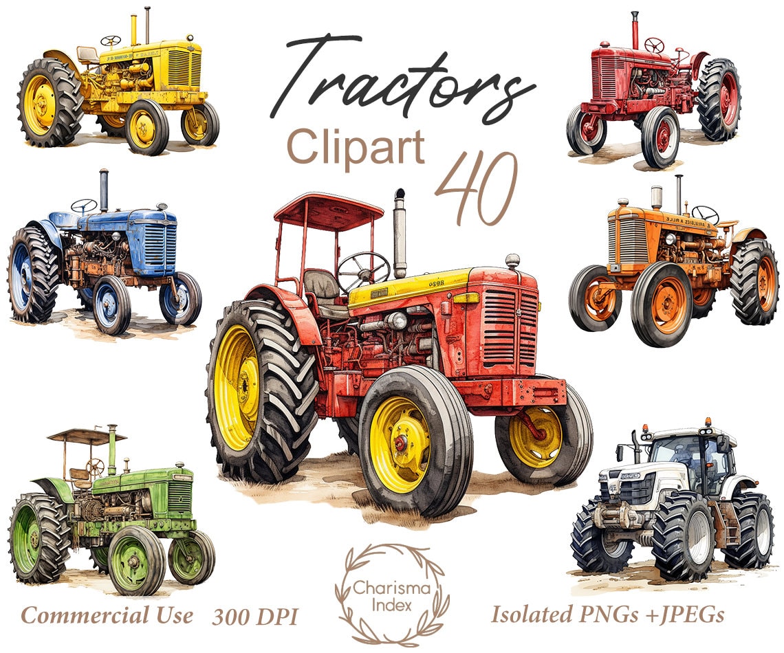Watercolor Tractors 40 Pngs, Farm Tractors Clipart Bundle, Agricultural ...