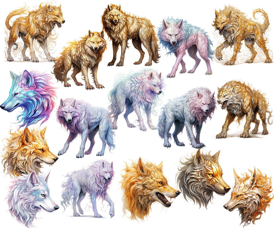 Mythical Wolf Watercolor PNG Set, Majestic Wolf Clipart Bundle, Howling ...