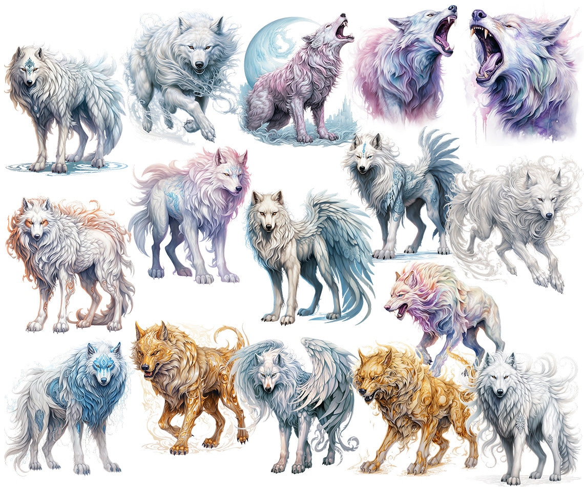 Mythical Wolf Watercolor PNG Set, Majestic Wolf Clipart Bundle, Howling ...