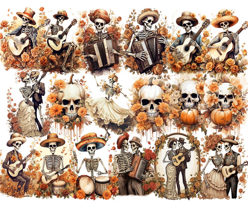 Halloween Skeleton Watercolor Retro Clipart Bundle, Halloween Party ...