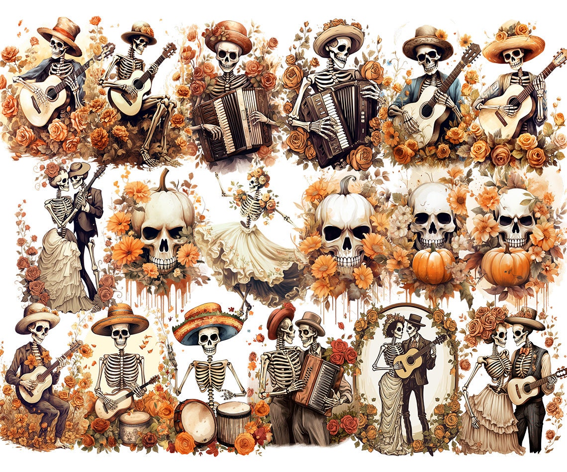 Halloween Skeleton Watercolor Retro Clipart Bundle, Halloween Party ...
