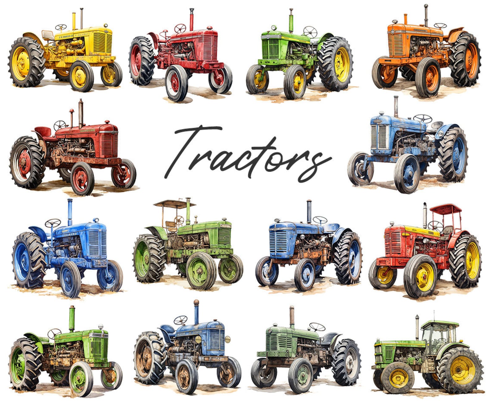 Watercolor Tractors 40 Pngs, Farm Tractors Clipart Bundle, Agricultural ...