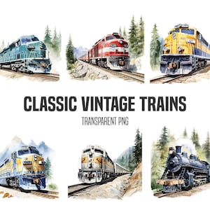 Watercolor Classic Trains 50 PNG, Vintage Train Clipart Bundle, Steam ...