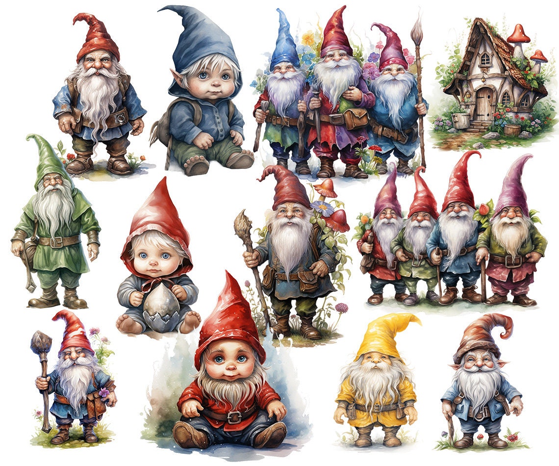 Magical Gnome Watercolor PNG Set, Mythical Gnomes of 27 Clipart Bundle ...