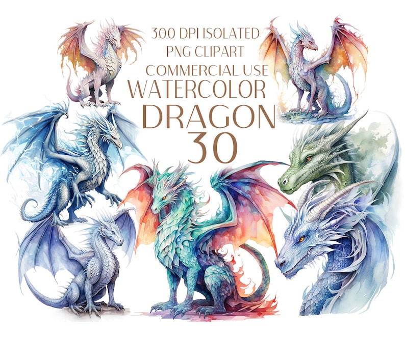 Majestic Dragon Watercolor PNG Set, Mythical Dragon of 30 Clipart ...