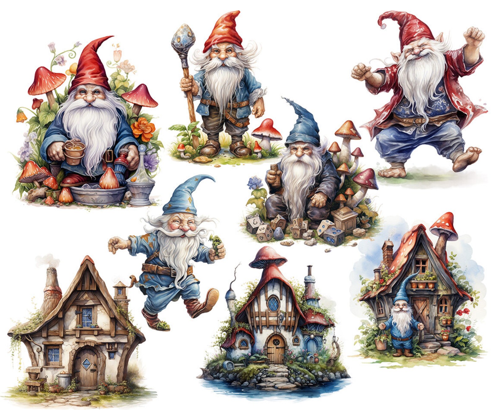 Magical Gnome Watercolor PNG Set, Mythical Gnomes of 27 Clipart Bundle ...