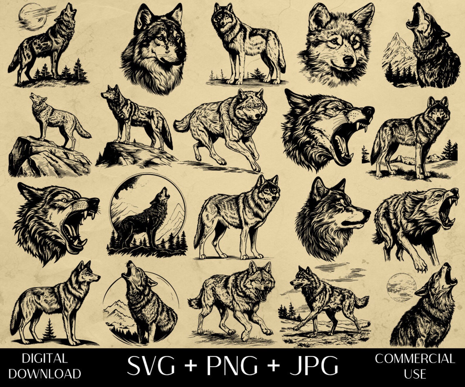 Wolf Pack SVG Clipart Bundle, Wolves Set Vector Clip Art, Vintage Wolf ...