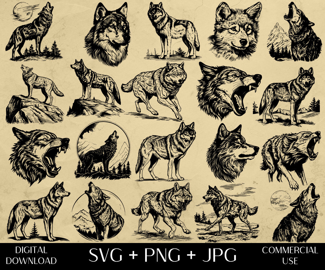 Wolf Pack SVG Clipart Bundle, Wolves Set Vector Clip Art, Vintage Wolf ...