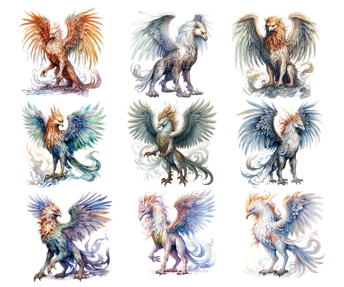 Griffin Watercolor PNG Set, Mythical Griffin of 15 Clipart Bundle ...