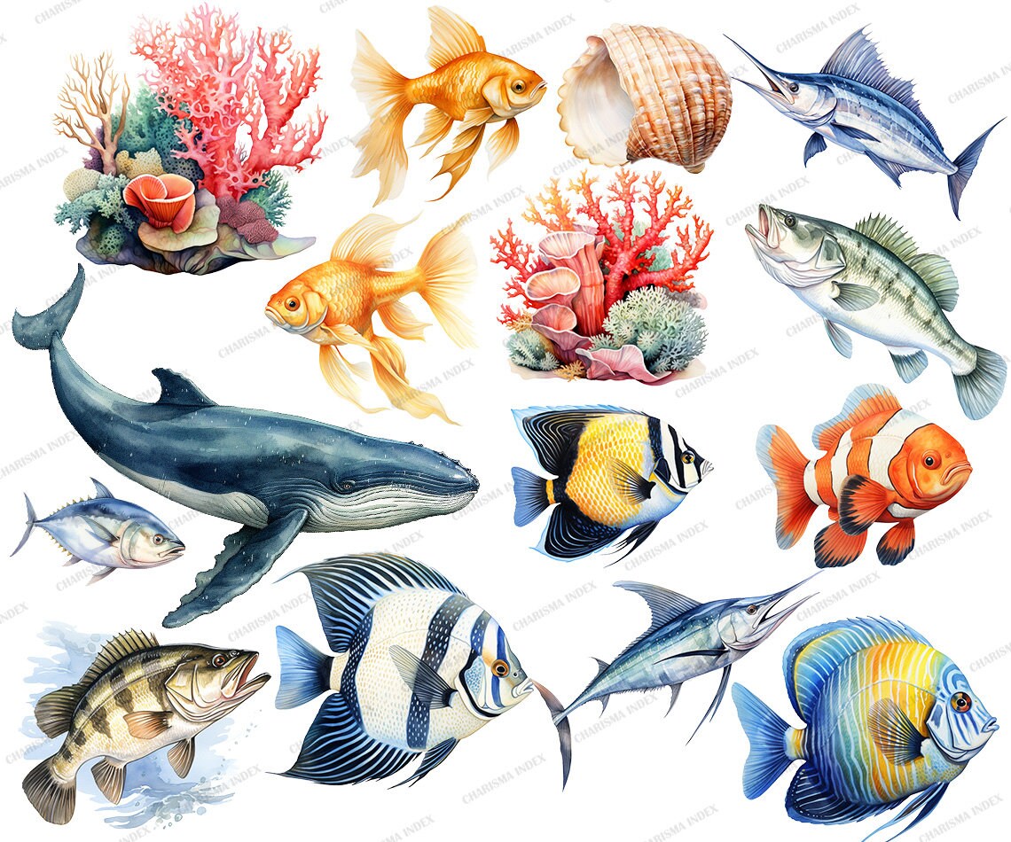 Under Sea Creatures Bundle, Watercolor Ocean Life Clipart Set of Fish ...