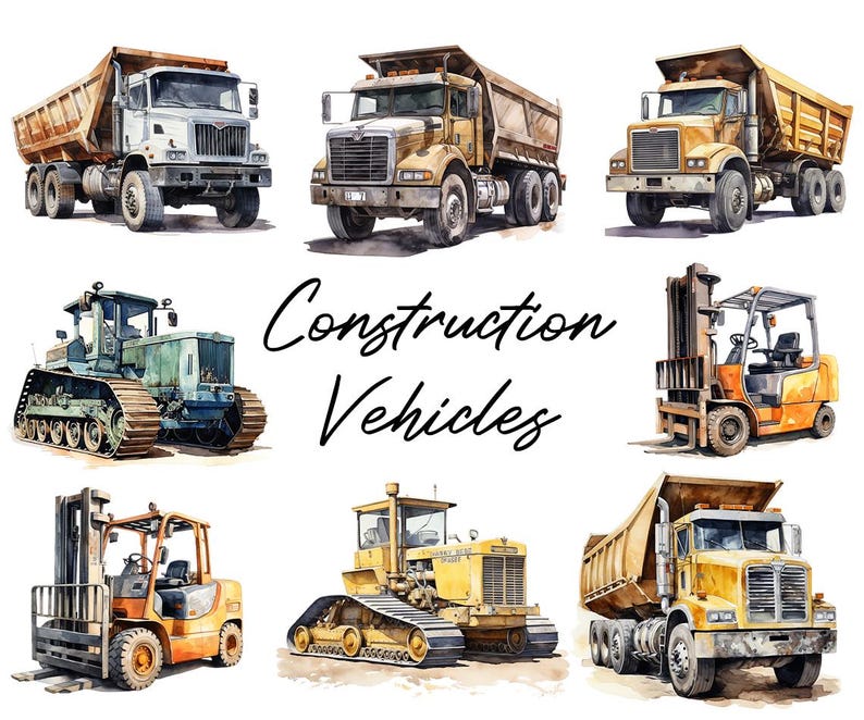Watercolor Construction Vehicles Clipart - 59 PNG Truck Bundle ...