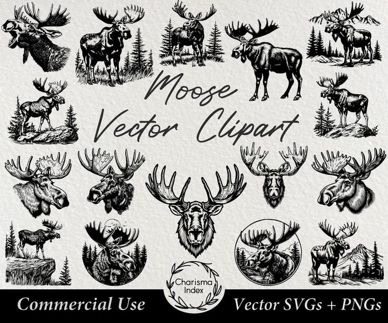 Vector Moose 41 Svgs, Moose Deer Clipart Bundle, Retro Moose ...