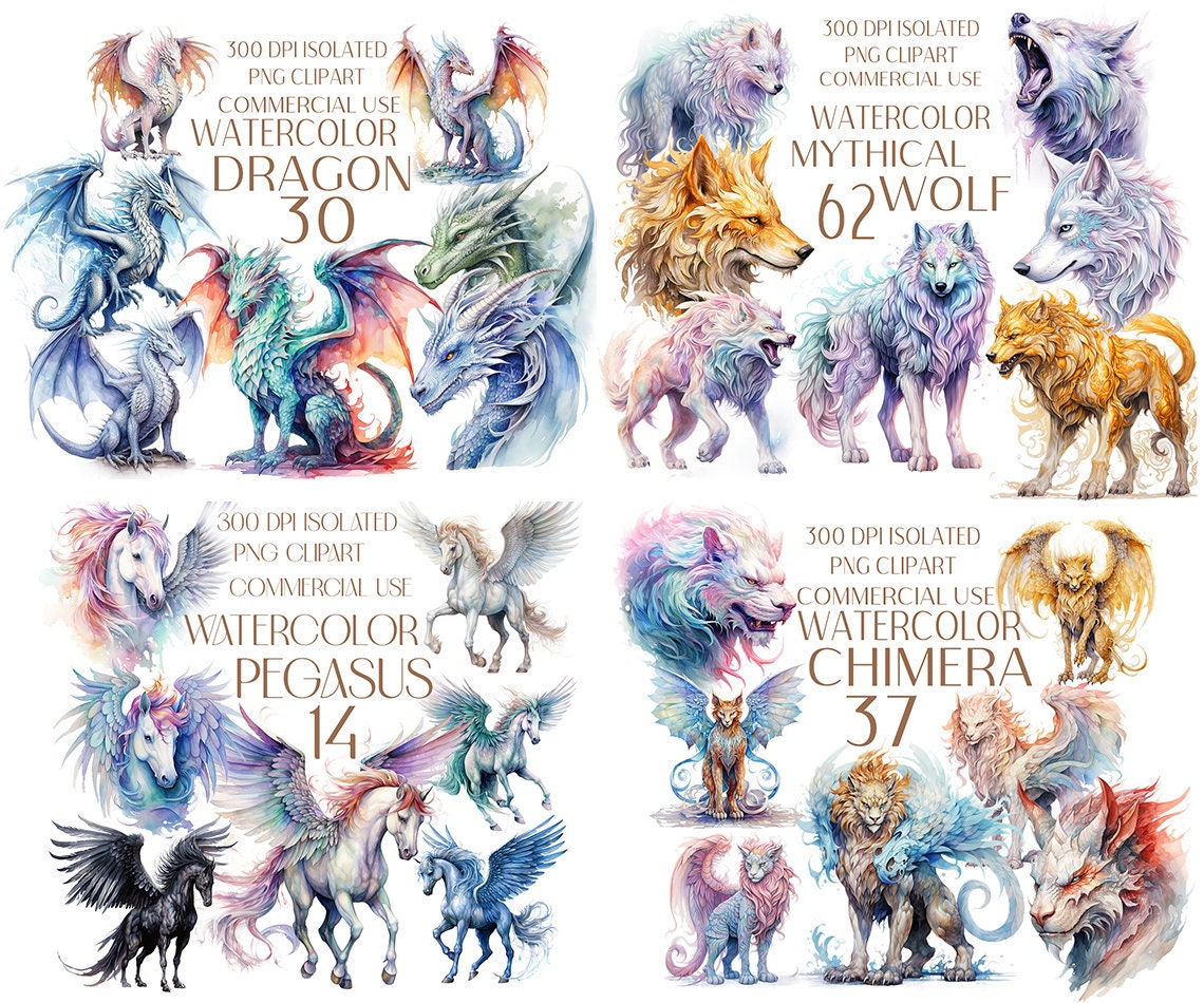 Mythical Creatures 250 Clipart Mega Bundle, Fantasy World Clipart ...