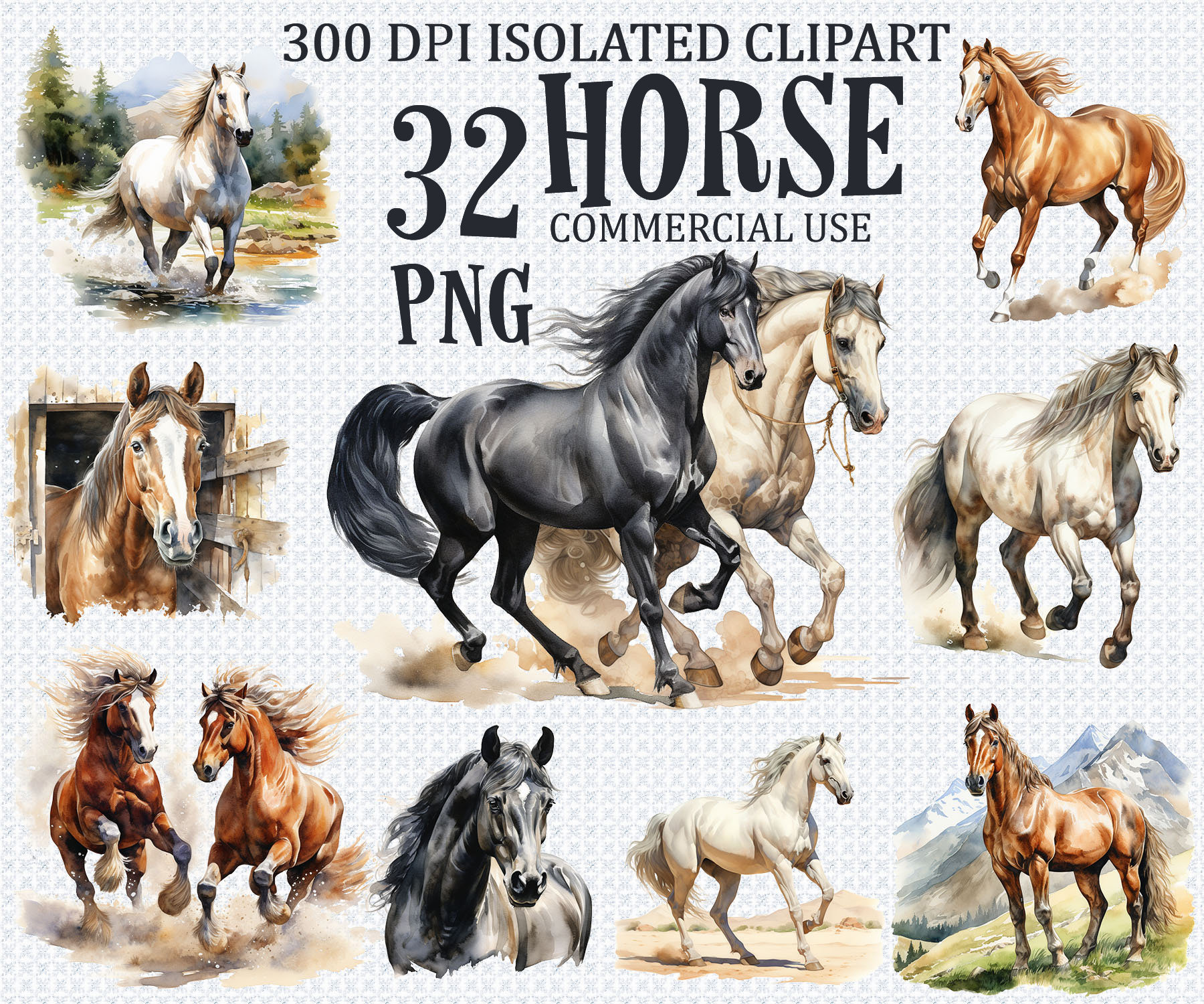 Watercolor Horse PNG Clipart Bundle, Horse Sublimation Designs, Clip ...