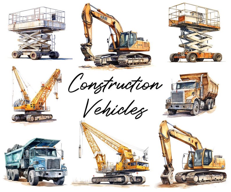 Watercolor Construction Vehicles Clipart - 59 PNG Truck Bundle ...