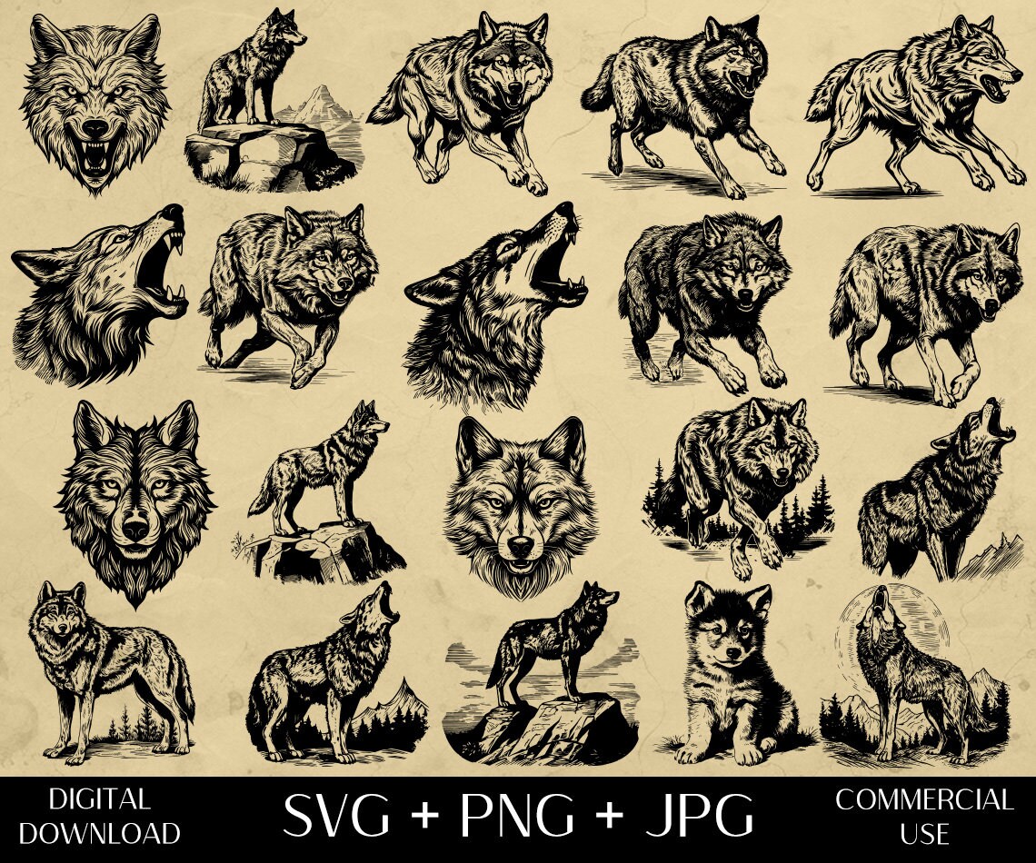 Wolf Pack SVG Clipart Bundle, Wolves Set Vector Clip Art, Vintage Wolf ...