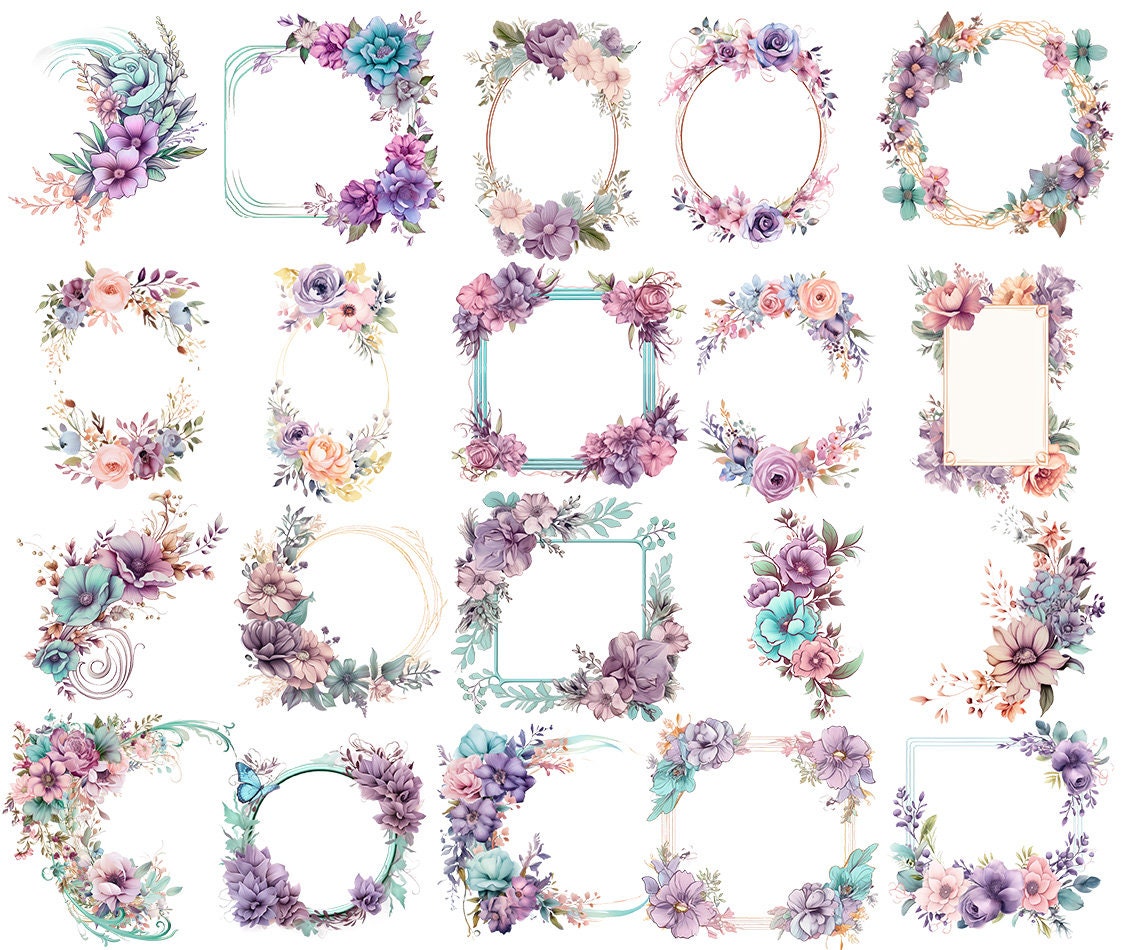 Pastel Flower PNG Frames & Corner Clipart 67 Watercolor Floral Clip Art ...