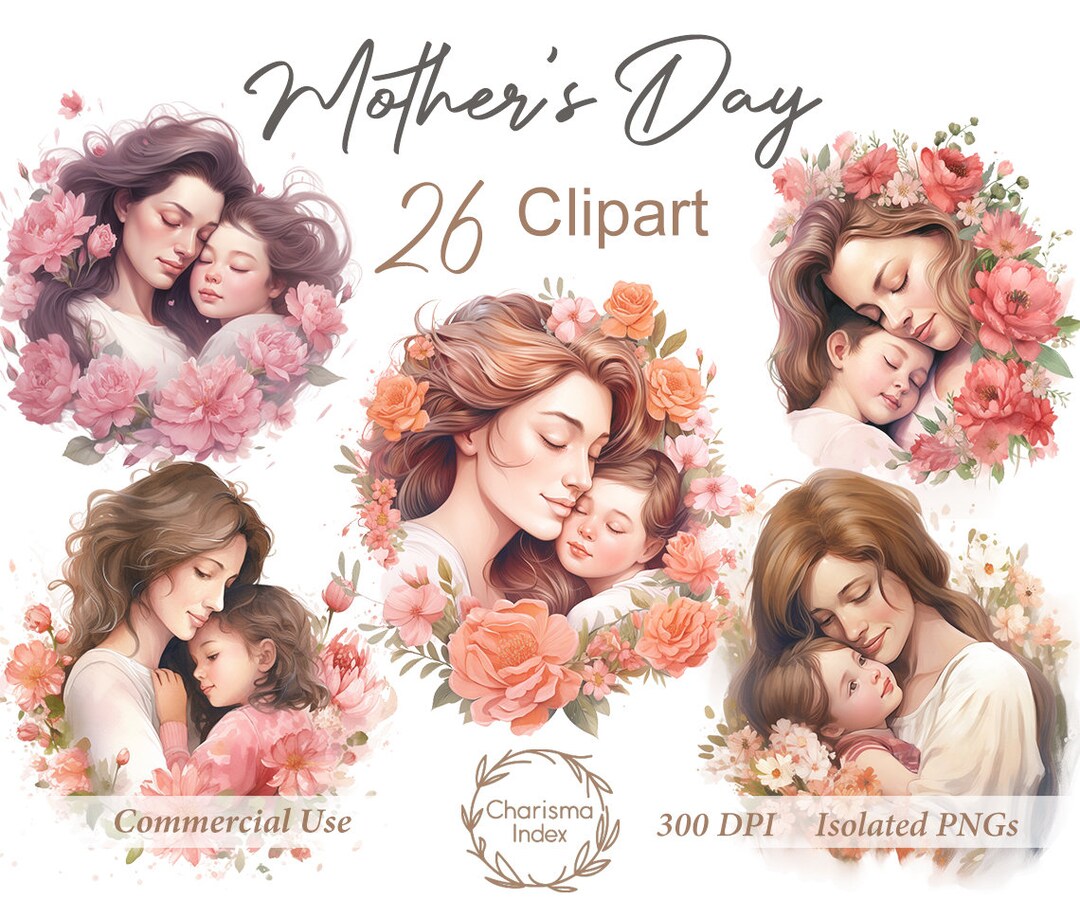 Mother's Day Watercolor Clipart Bundle - 26 Heartwarming Mom & Child ...