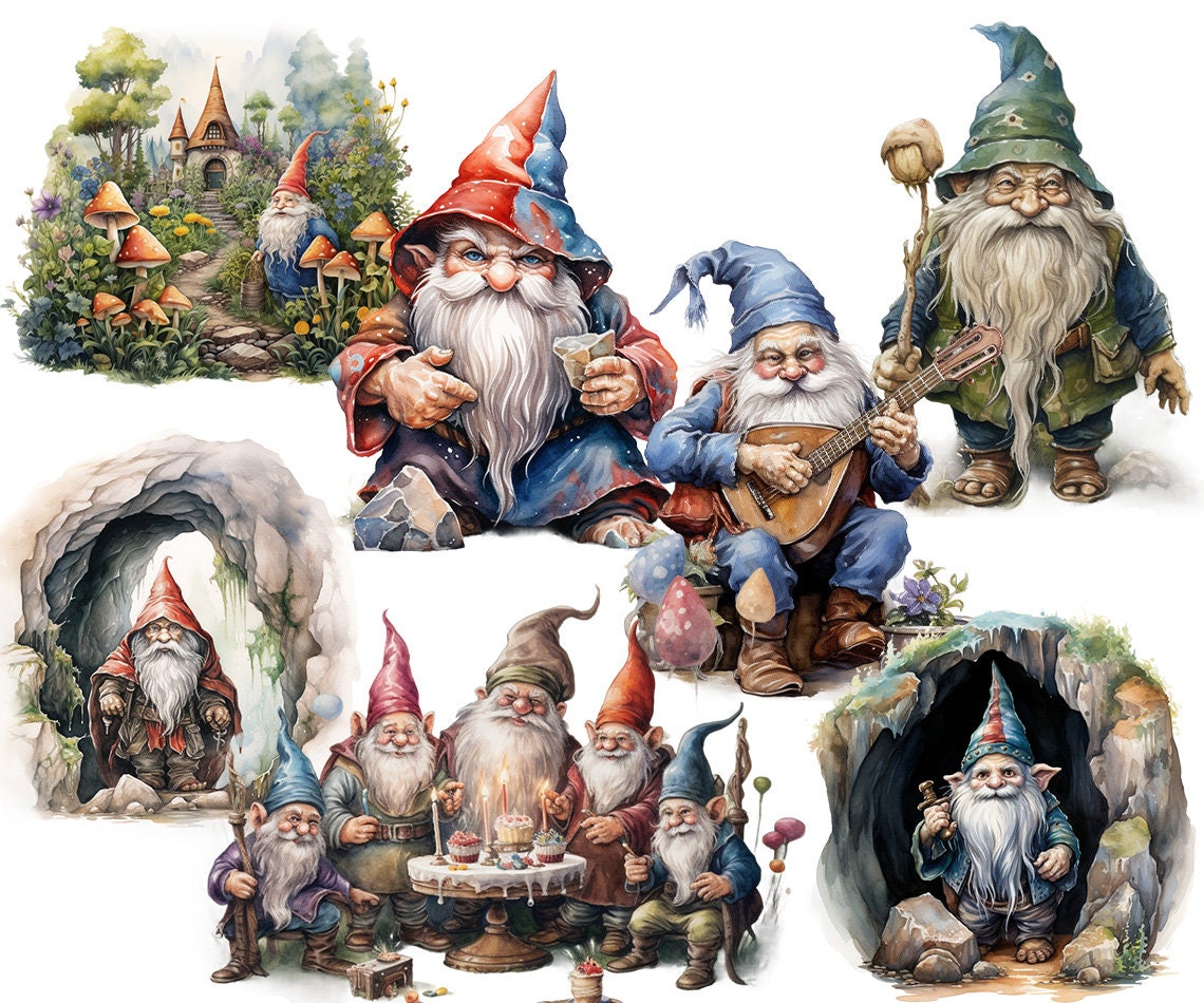 Magical Gnome Watercolor PNG Set, Mythical Gnomes of 27 Clipart Bundle ...